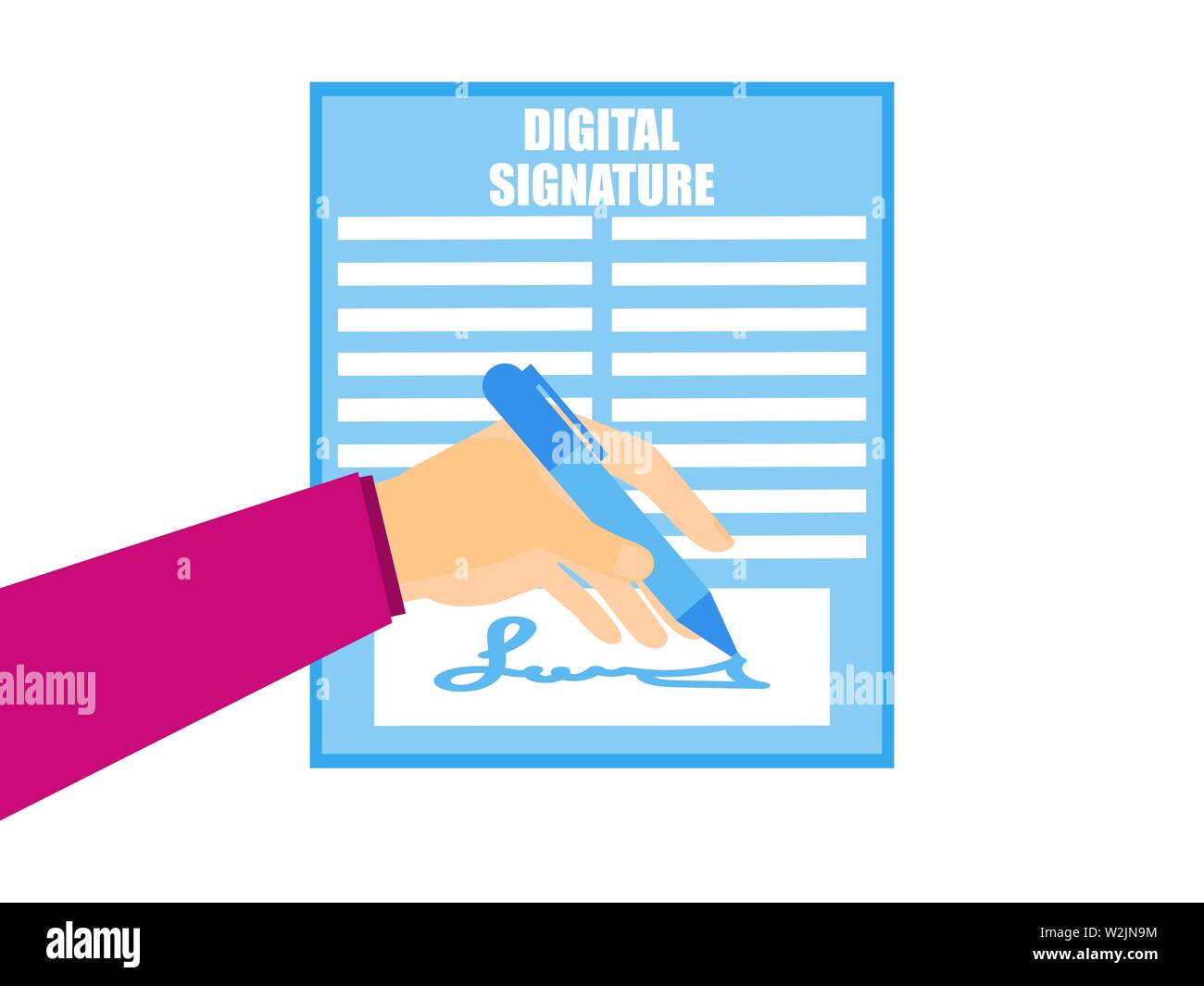 Digital signature. A hand is holding a pen signing a digital document ...