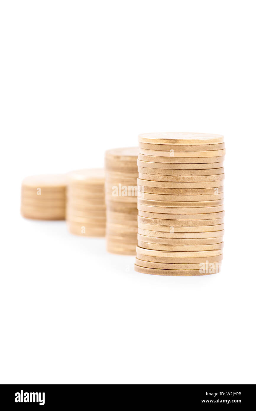 Coin up the ladder. Stack of coins making a ladder, isolated on white ...