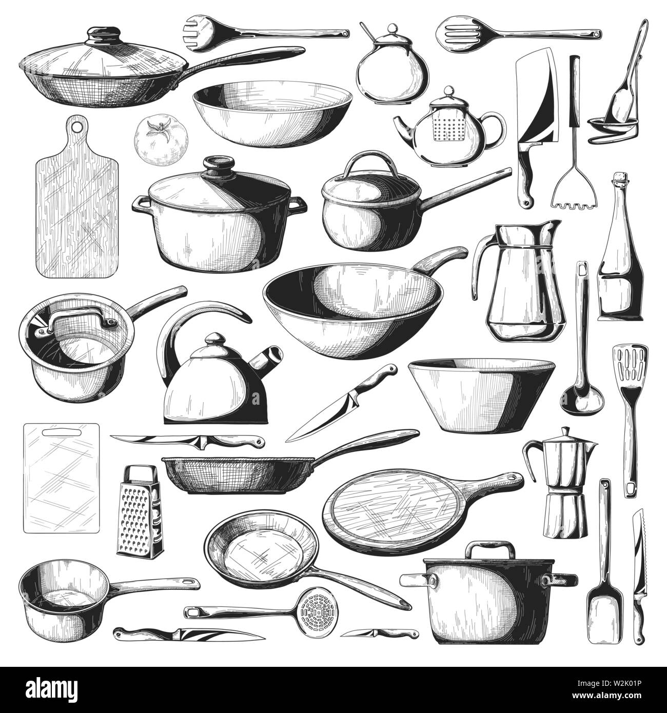 Realistic sketch of tableware. Big set of dishes. Vector Stock Vector ...