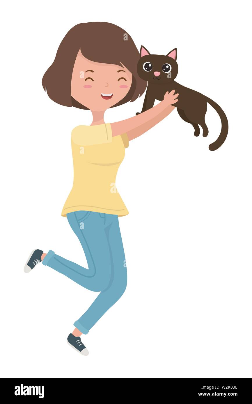 Girl with cat cartoon design, Mascot pet animal domestic cute life ...