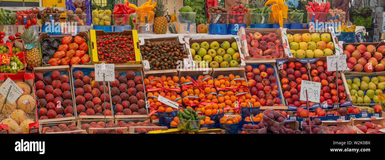 Milan Italy June 29, 2019: Exhibition of goods at the fruit market in ...