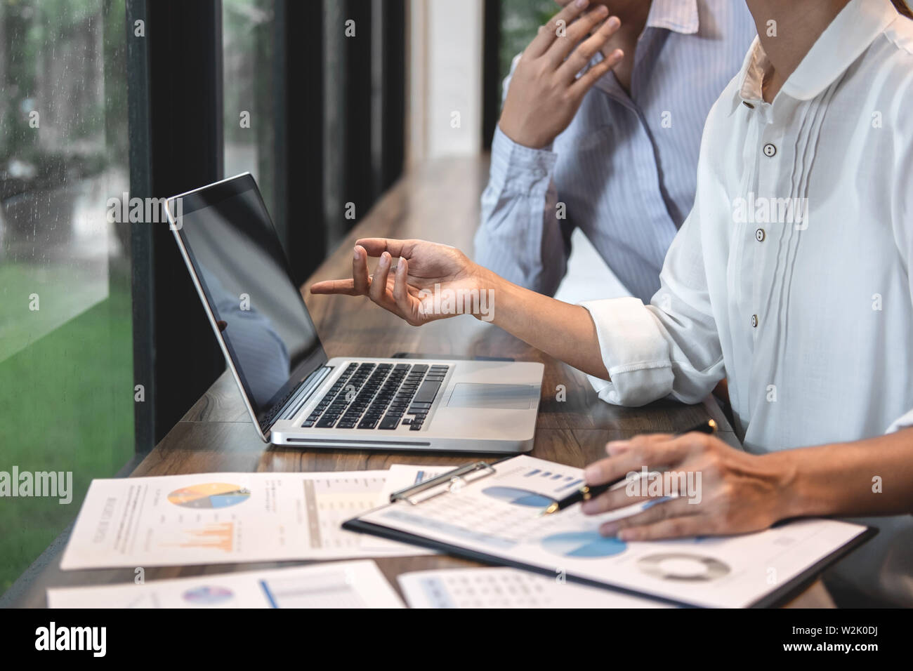 Businessman accountant and secretary making working audit and ...