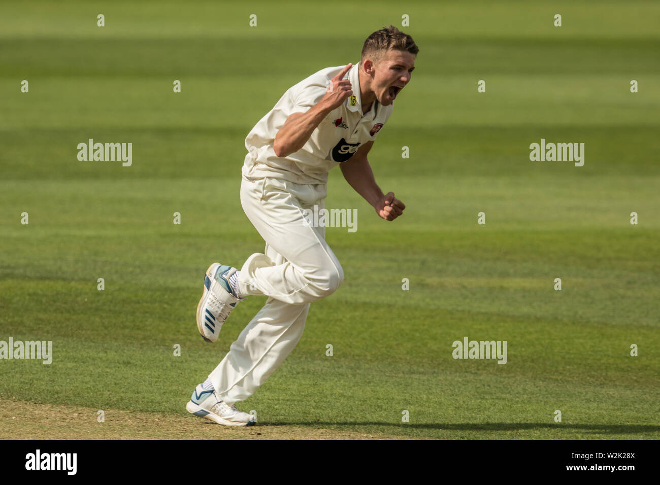 London, UK. 9 July, 2019. Matthew Milnes celebrates after getting the ...