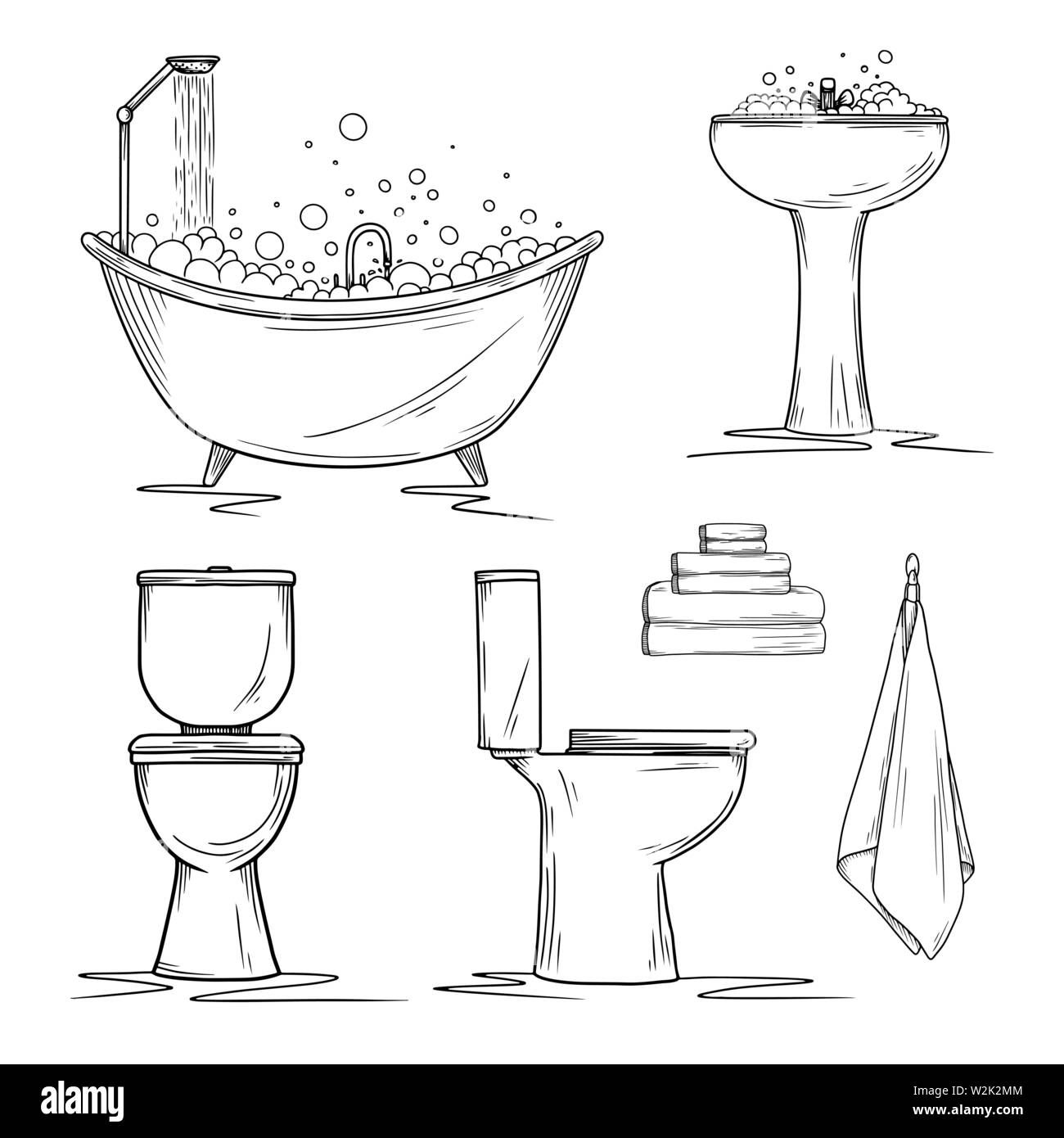 Hand drawn bathroom interior elements. Toilet and washbasin, bath and ...