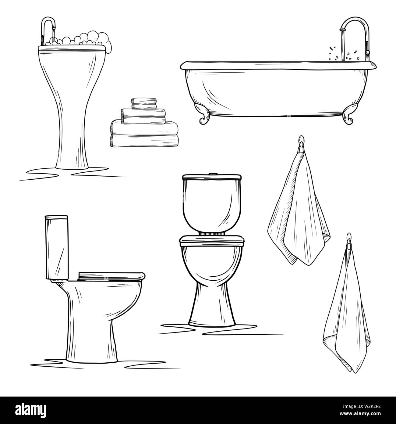 Hand drawn bathroom interior elements. Toilet and washbasin, bath and towels. Vector Stock ...