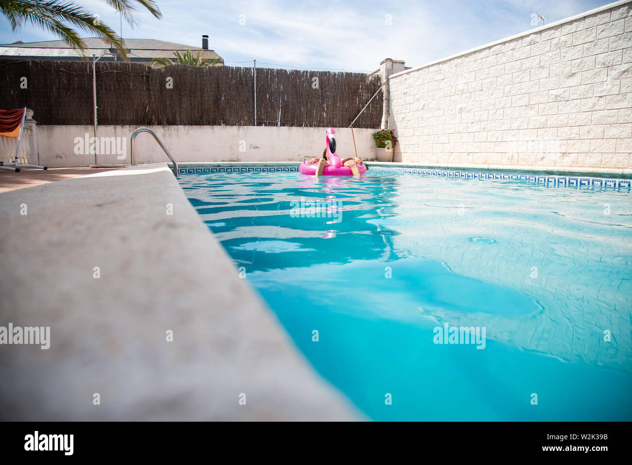 Young man floating in a inflatable flamingo in a blue pool a sunny day ...