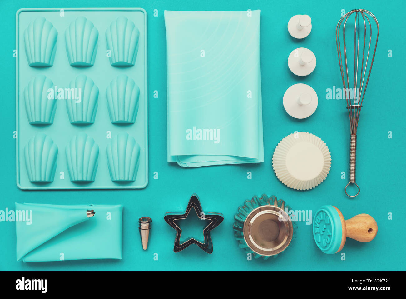 Baking utensils on blue pastel background. Top view. Flat lay. Copy ...