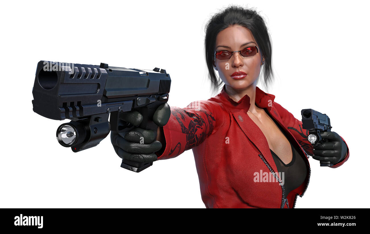 Action girl shooting guns, woman in red leather suit with hand weapons ...