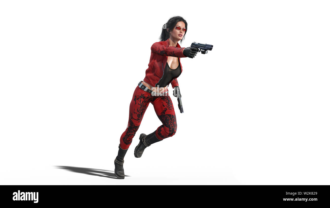 Action girl shooting guns, woman in red leather suit with hand weapons ...