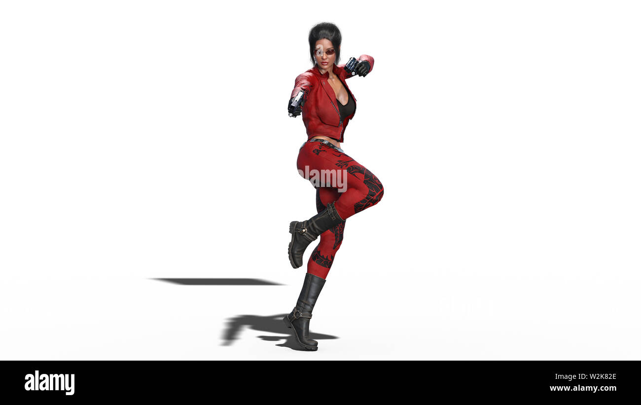 Action girl shooting guns, woman in red leather suit with hand weapons ...