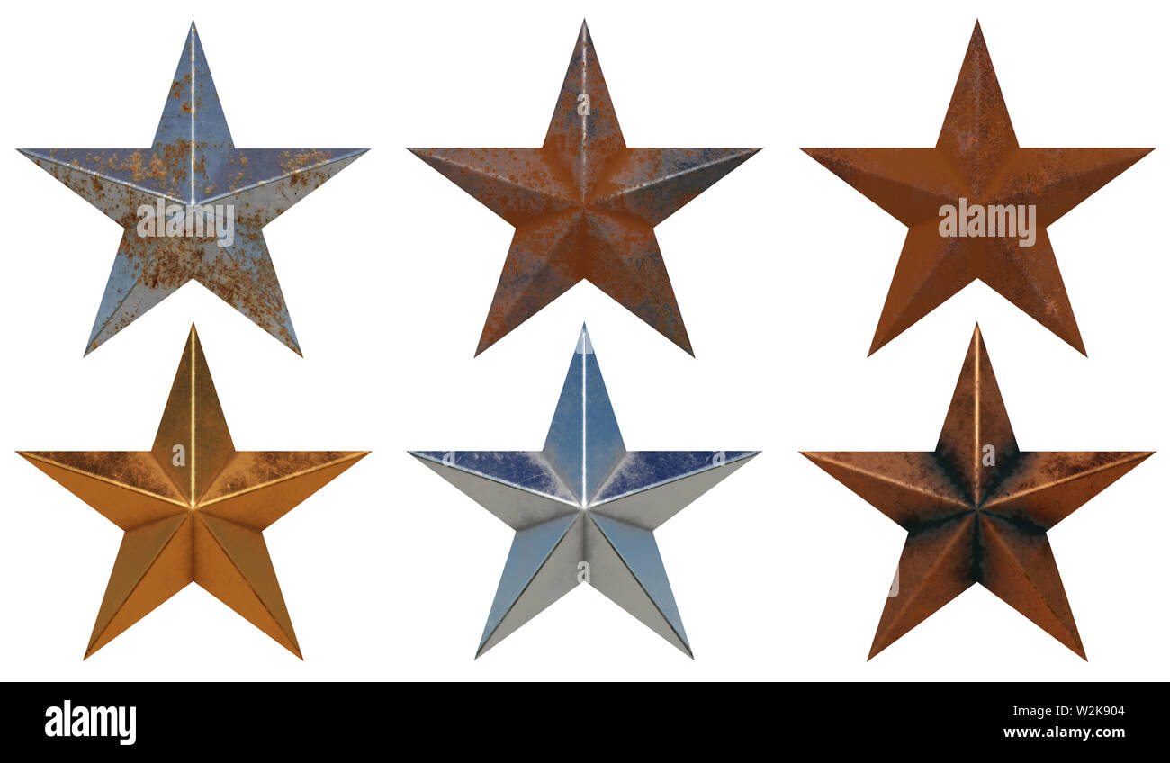Six different realistic metal stars isolated on white background 3D ...