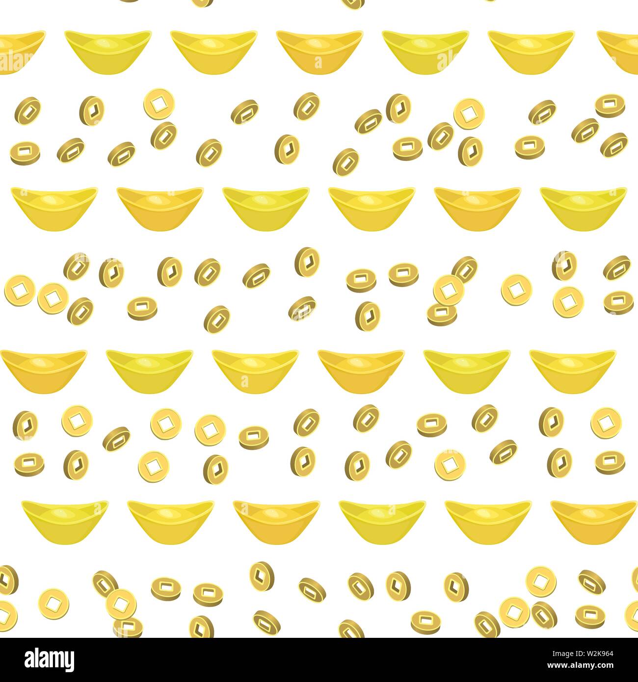 Seamless pattern Chinese golden ingot, coins on white background ...
