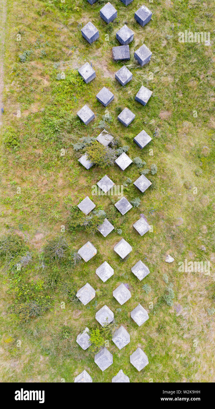 Aerial view of Second World War era anti-tank blocks at Gullane Sands ...