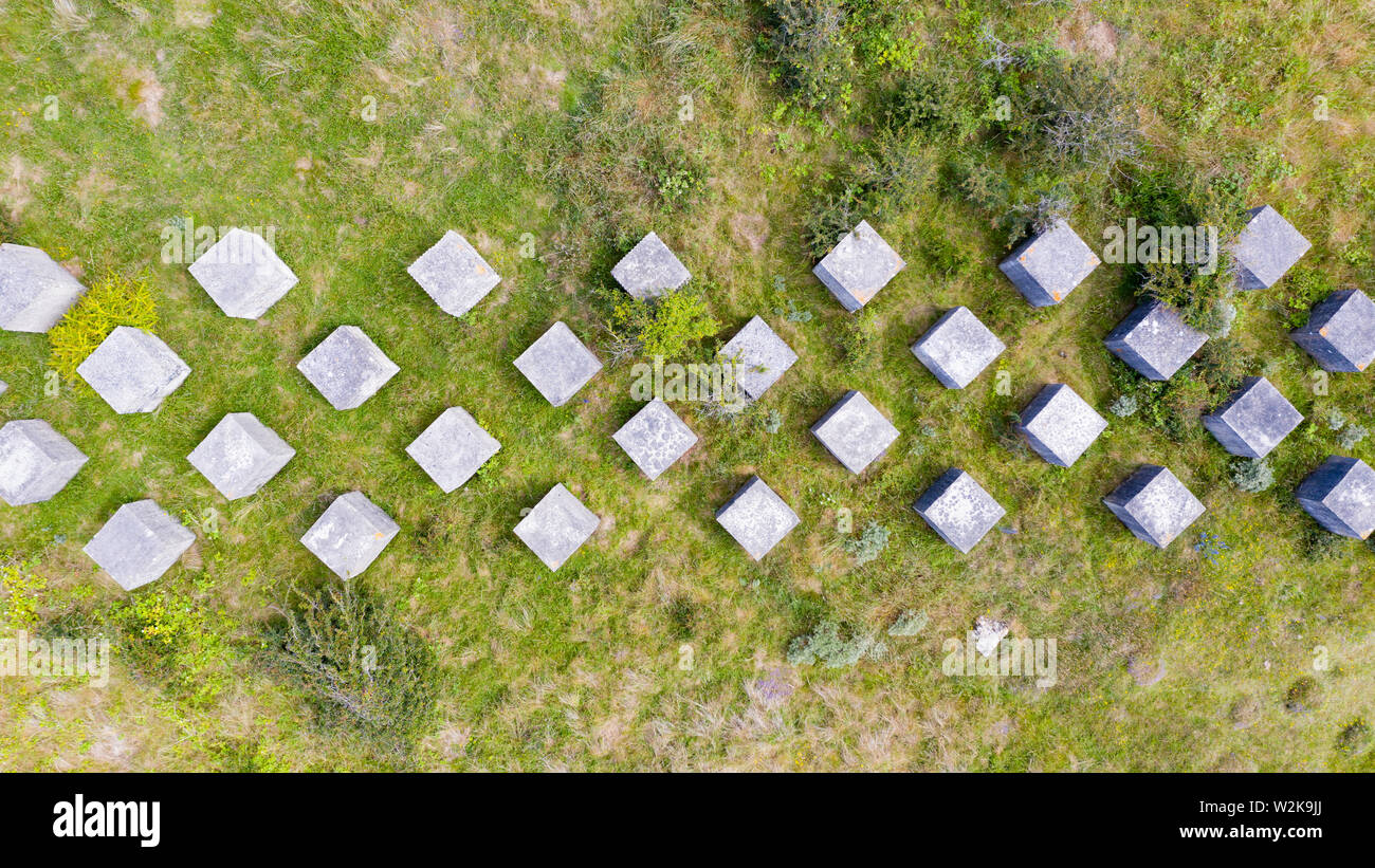Aerial view of Second World War era anti-tank blocks at Gullane Sands ...