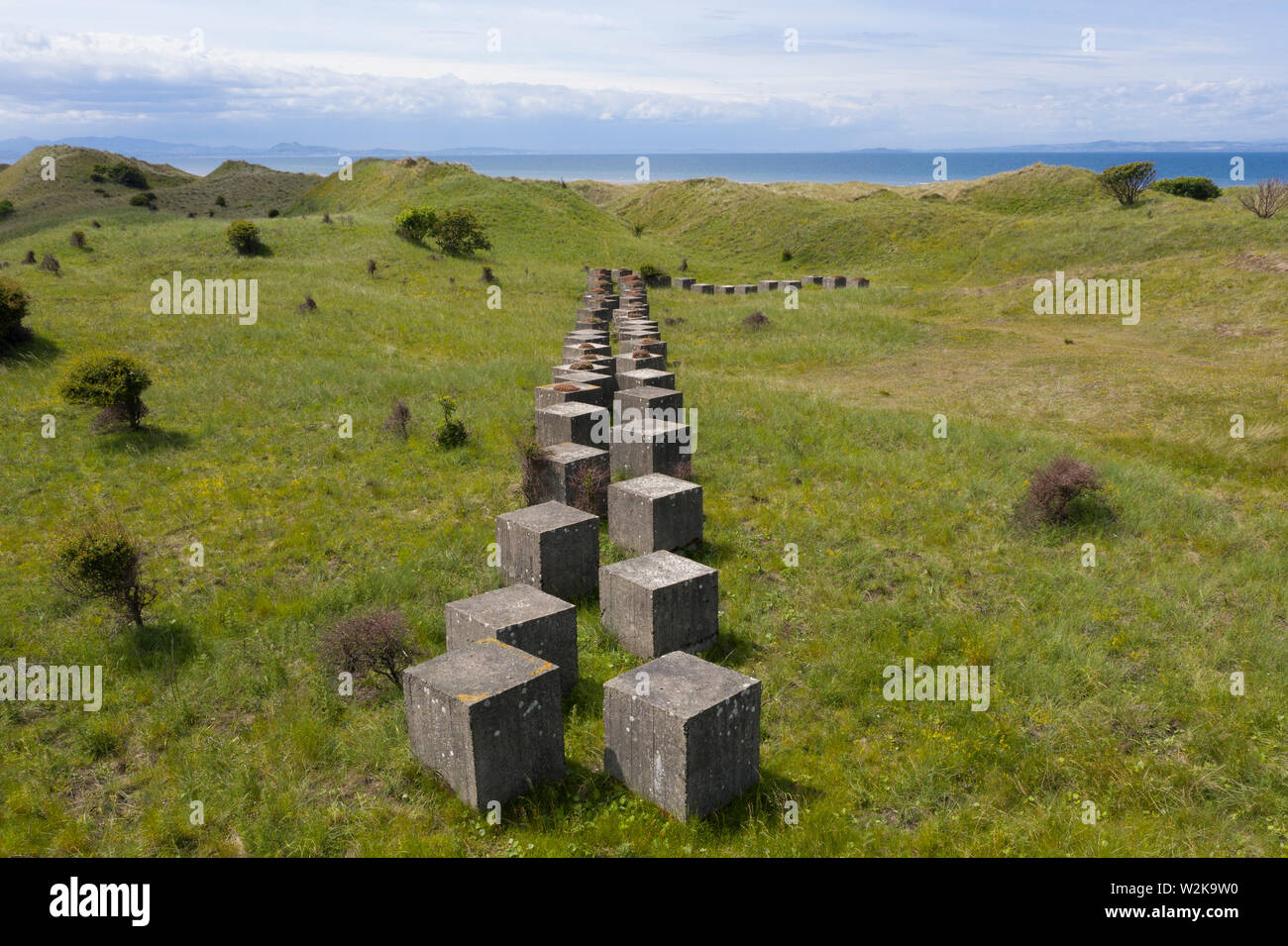 Aerial view of Second World War era anti-tank blocks at Gullane Sands ...