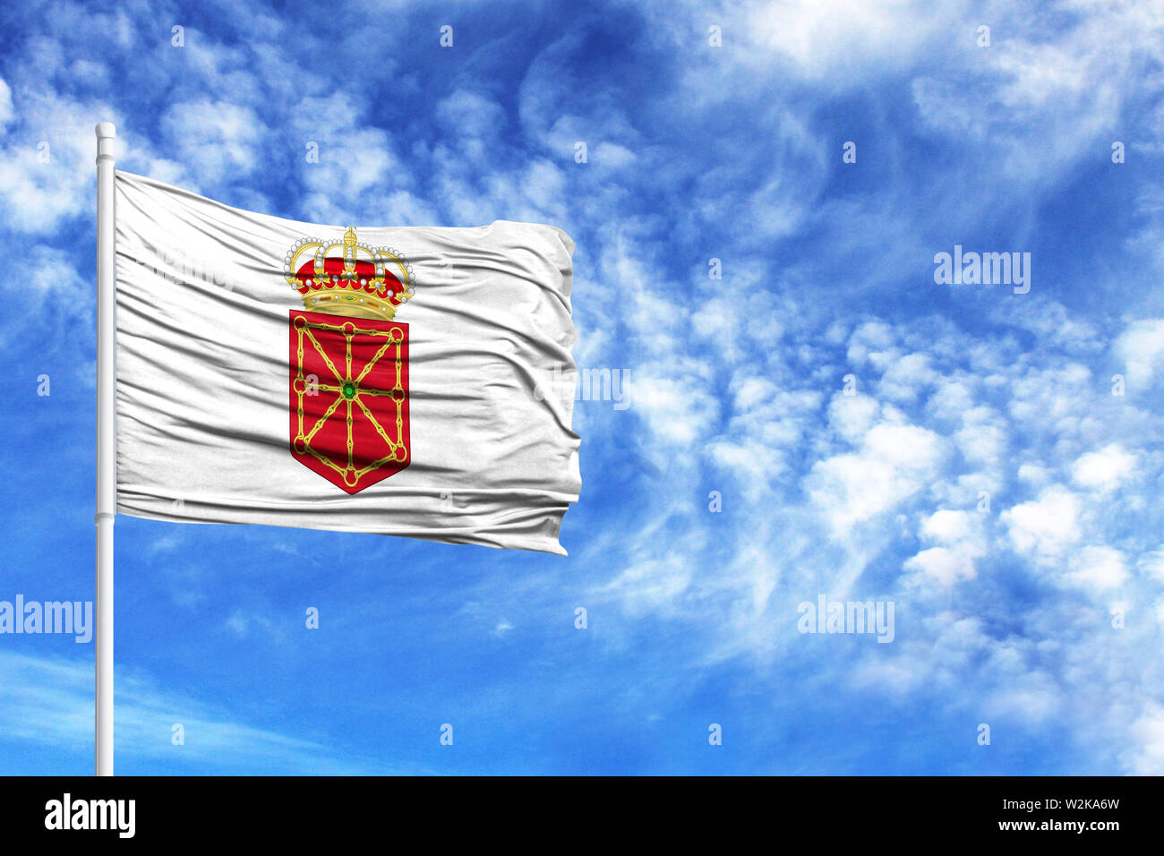 National flag of Navarra coat of arms on a flagpole in front of blue ...