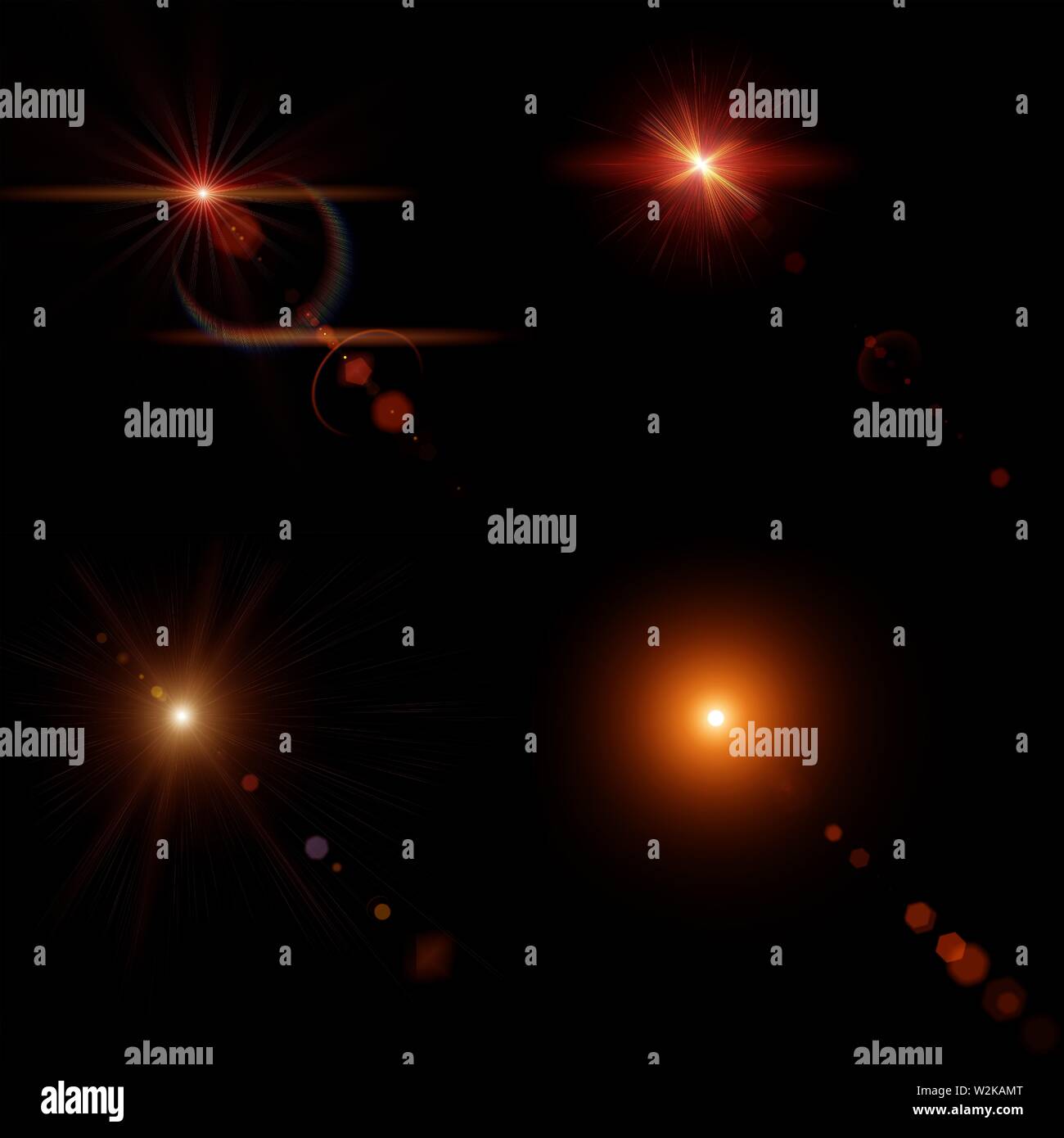 Stars, collage with four suns with lens flares and Rays Stock Photo - Alamy