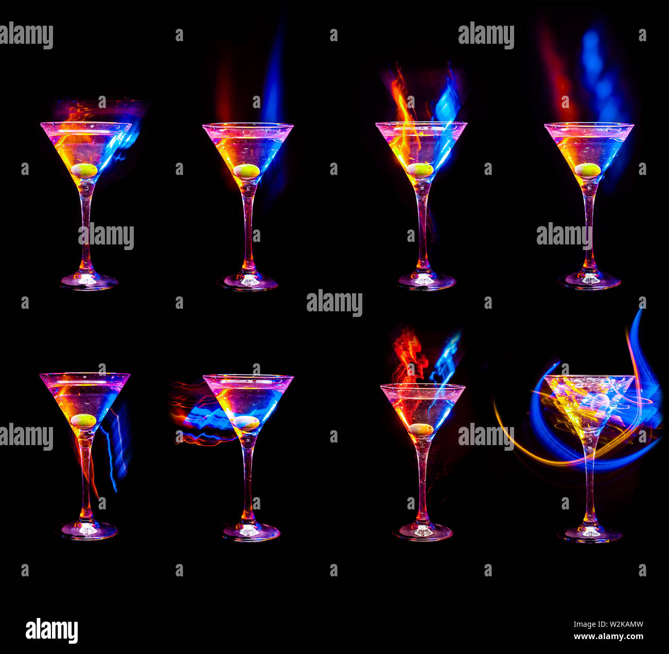 Colorful Bright fresh modern cocktails in glasses on black background ...