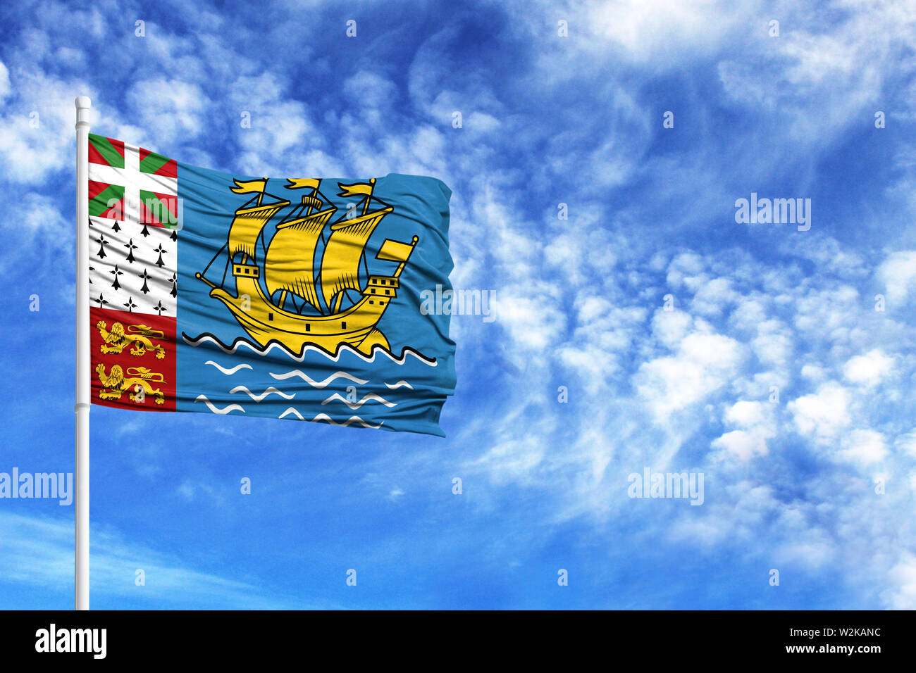 National flag of Saint Pierre and Miquelon on a flagpole in front of ...