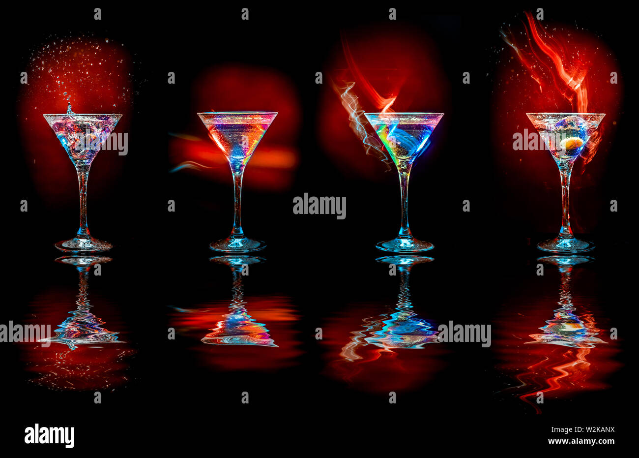 Colorful Bright fresh modern cocktails in glasses on black background ...