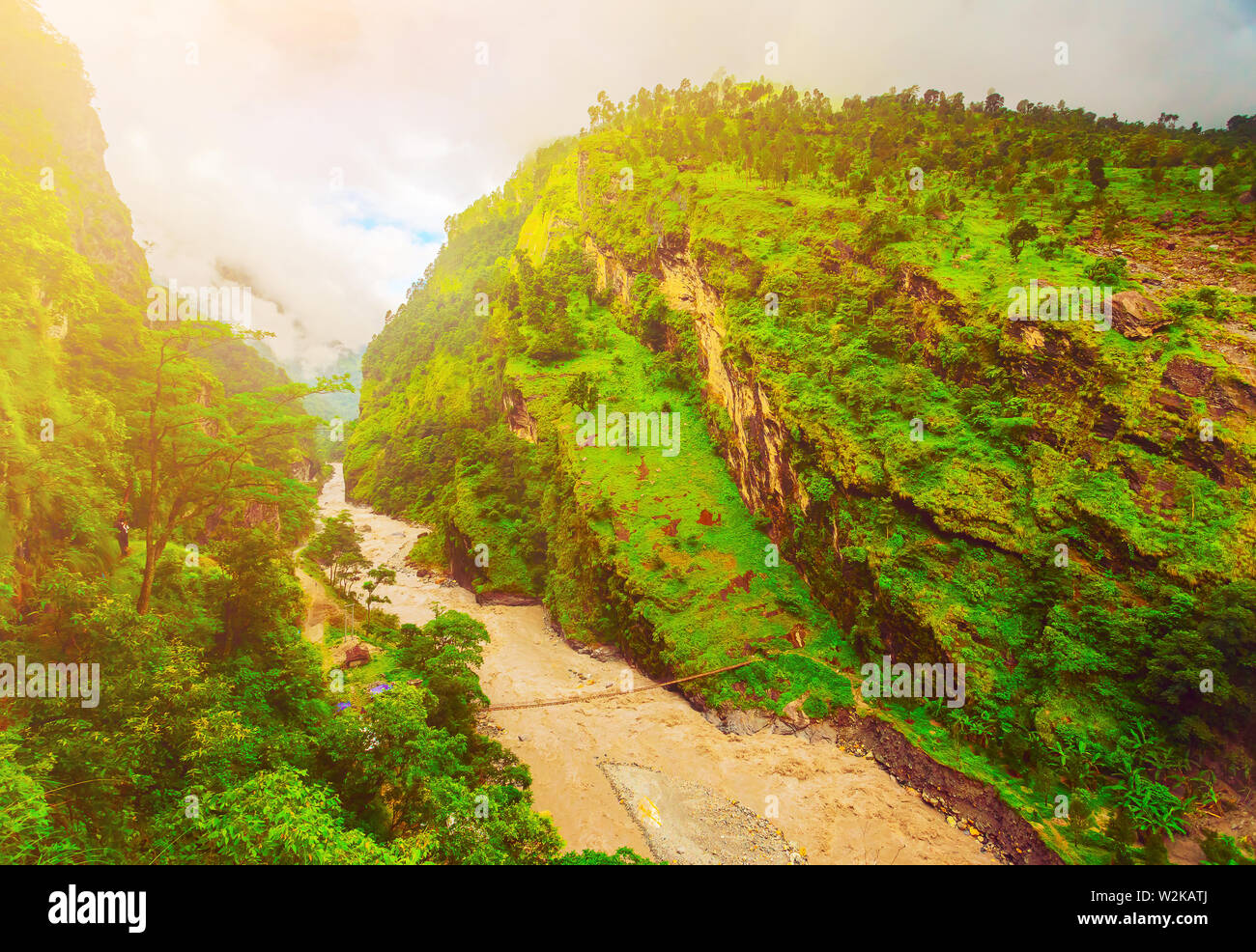 Beautiful river landscape and mountains in Nepal, Annapurna trekking ...
