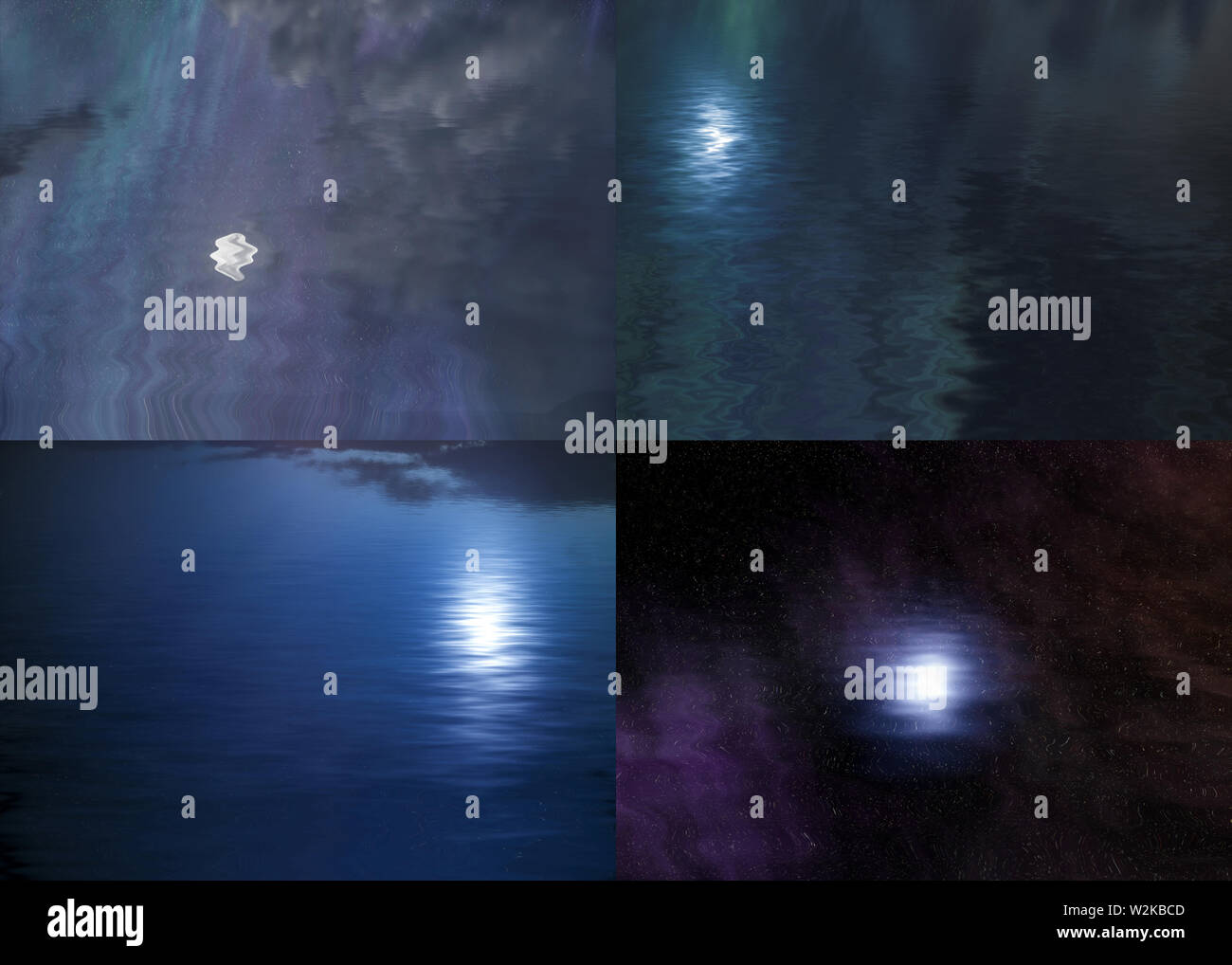 four natural landscapes with night sky and moon reflected in water ...