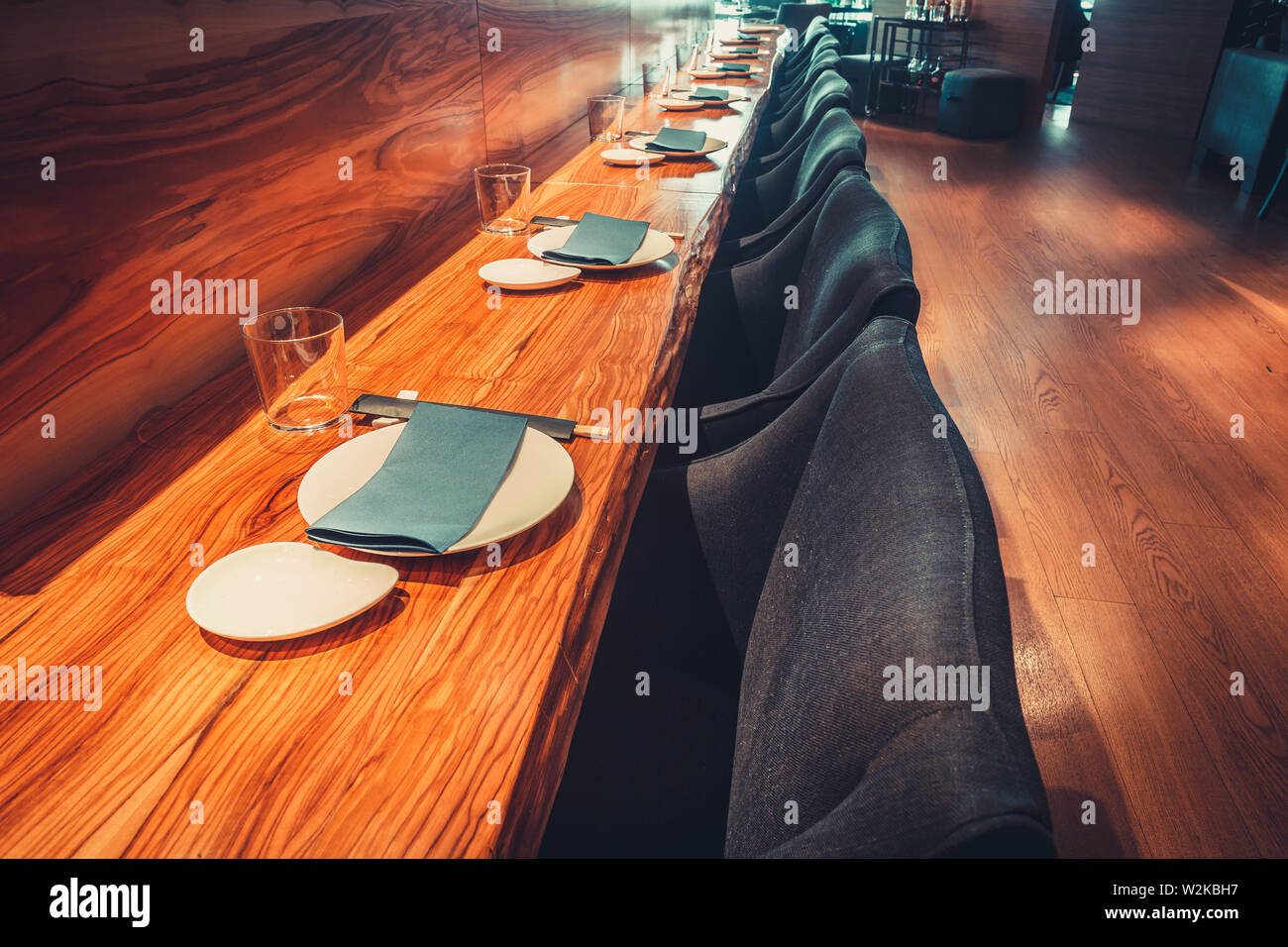 Interior of modern restaurant with table, chairs and tableware Stock ...