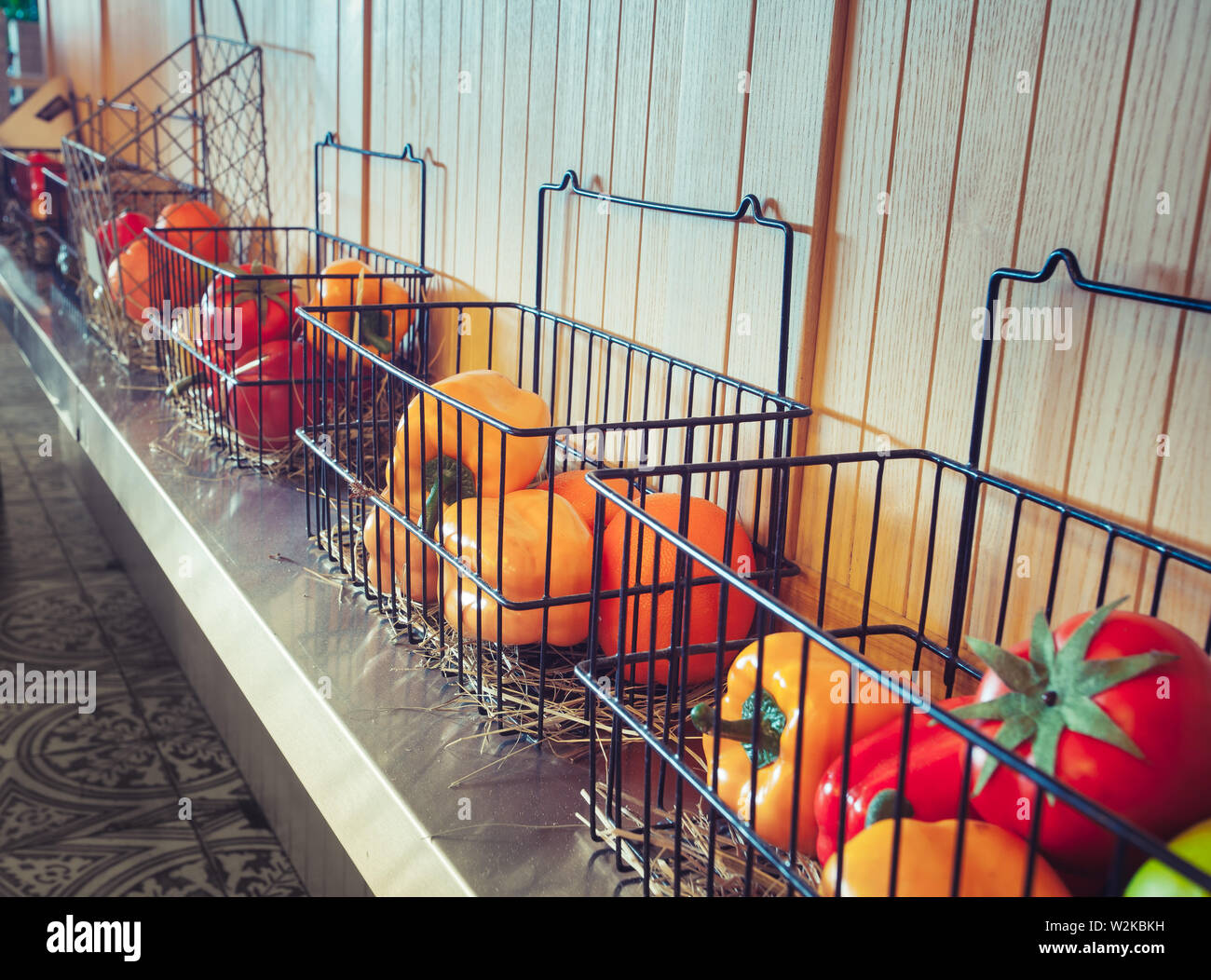 Plastic vegetables in boxes. Modern restaurant Interior design Stock ...