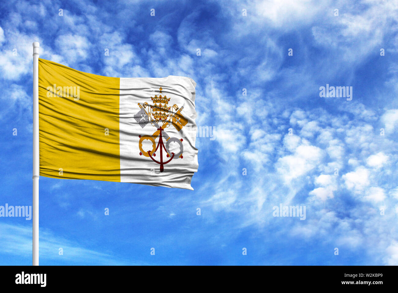 National flag of Vatican city Holy see on a flagpole in front of blue ...