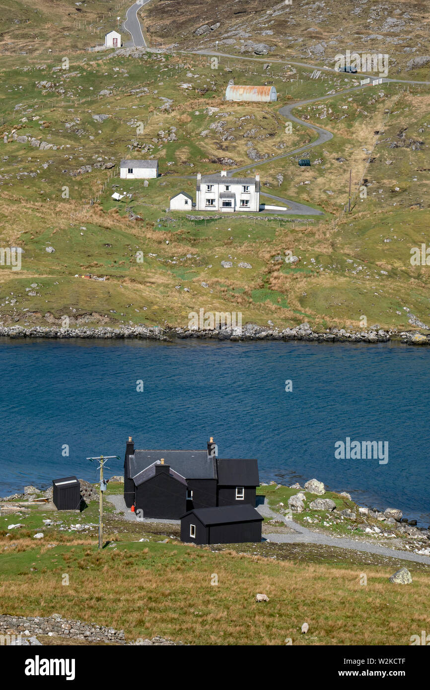 Houses alongside a Loch, Loch Mhiabhaig, North Harris, Hebrides ...