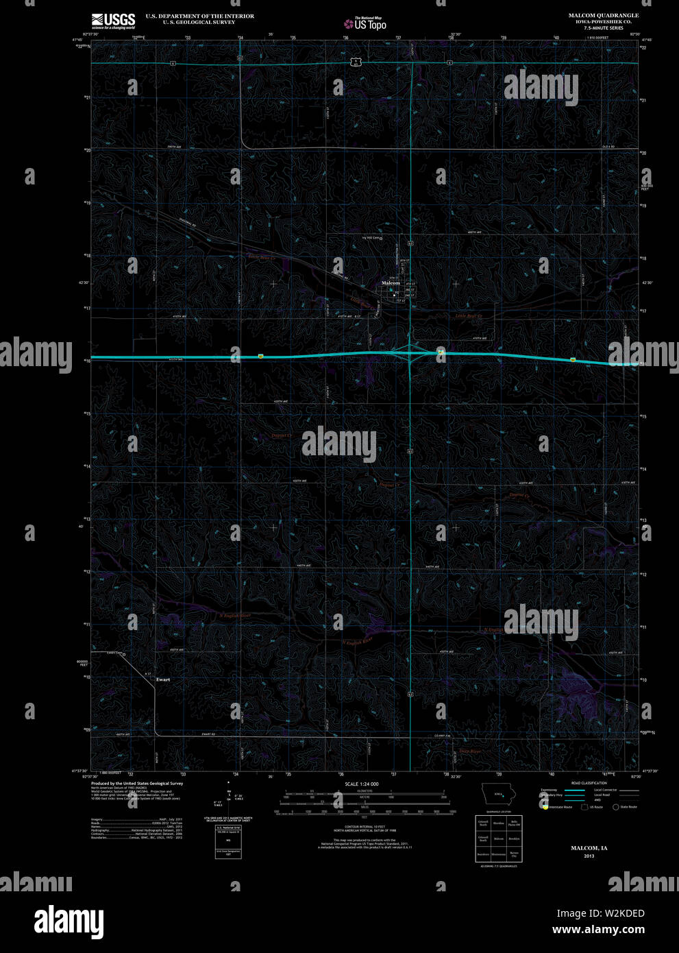 USGS TOPO Map Iowa IA Malcom 20130402 TM Inverted Restoration Stock ...