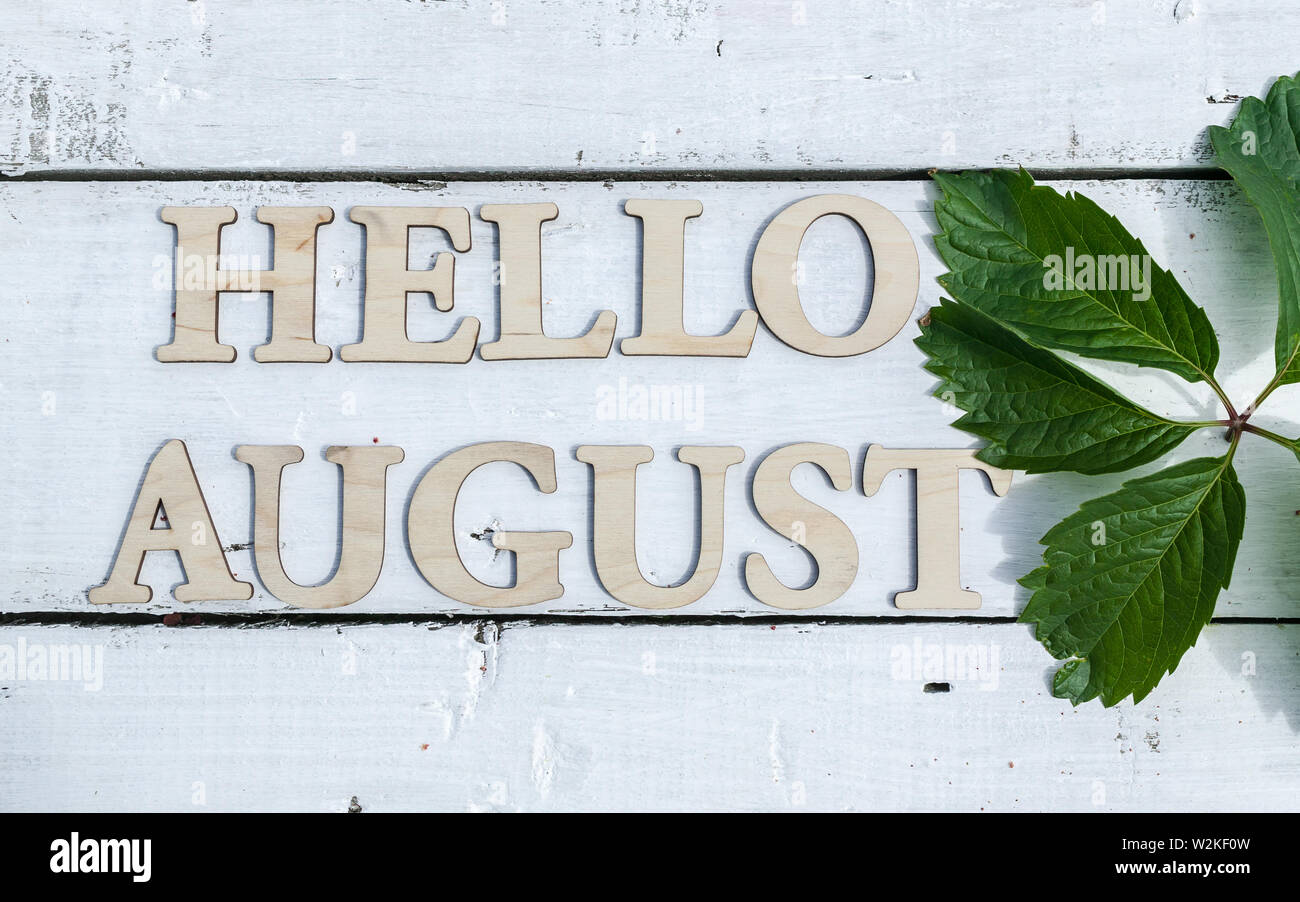 Summer pattern: Word August and green leaves on a white wooden rustic ...