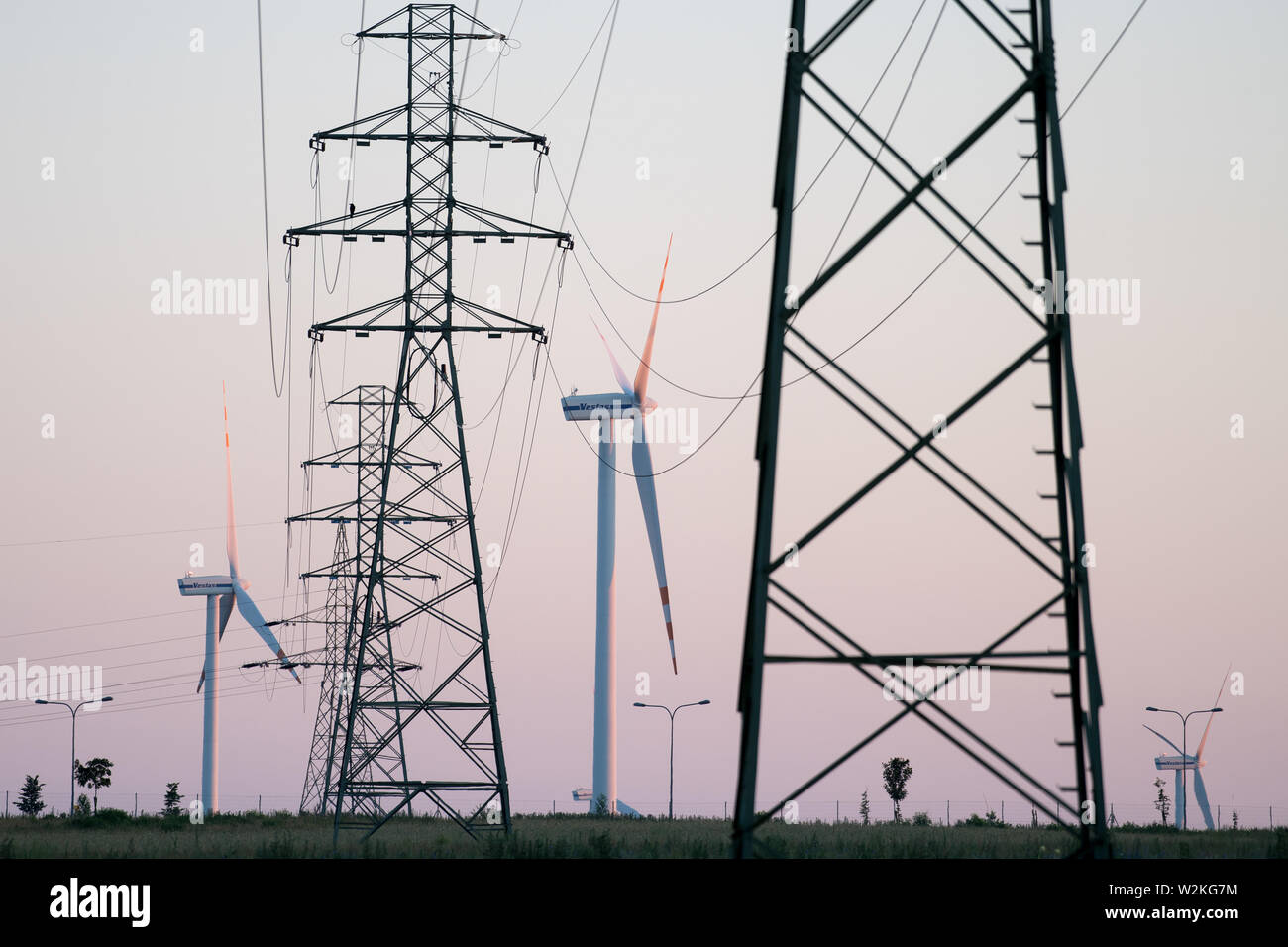 High voltage power lines and wind farm in Kobylnica, Poland. June 17th ...