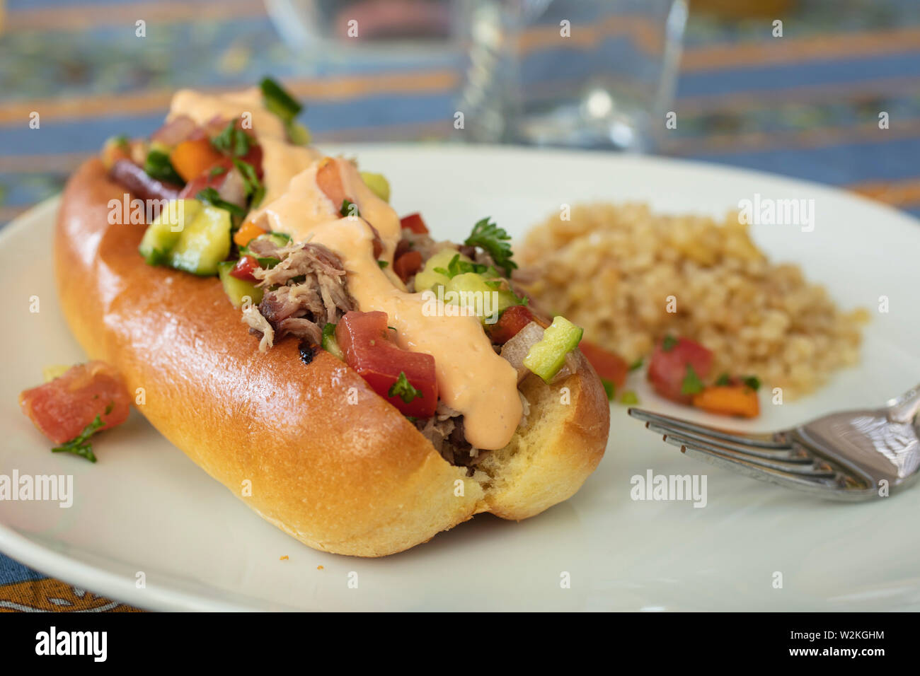 Hot dog and pulled pork on a bun topped with Israeli salad and dressing ...