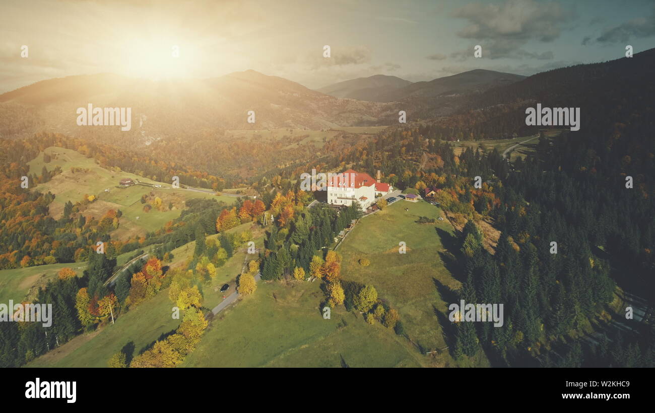 Colorful Sunset Mountain Peak Aerial View. Majestic Highland Landscape ...