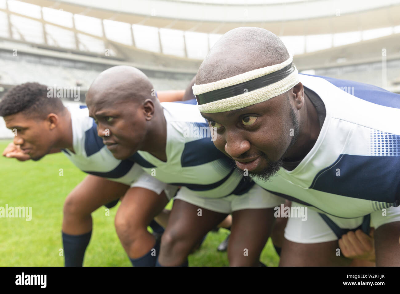 Group of diverse male rugby player ready to play rugby match in stadium ...