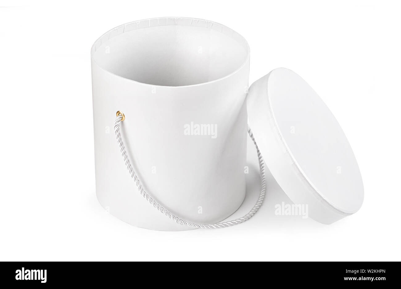 White cardboard gift round box with closed lid with shadow isolated on ...