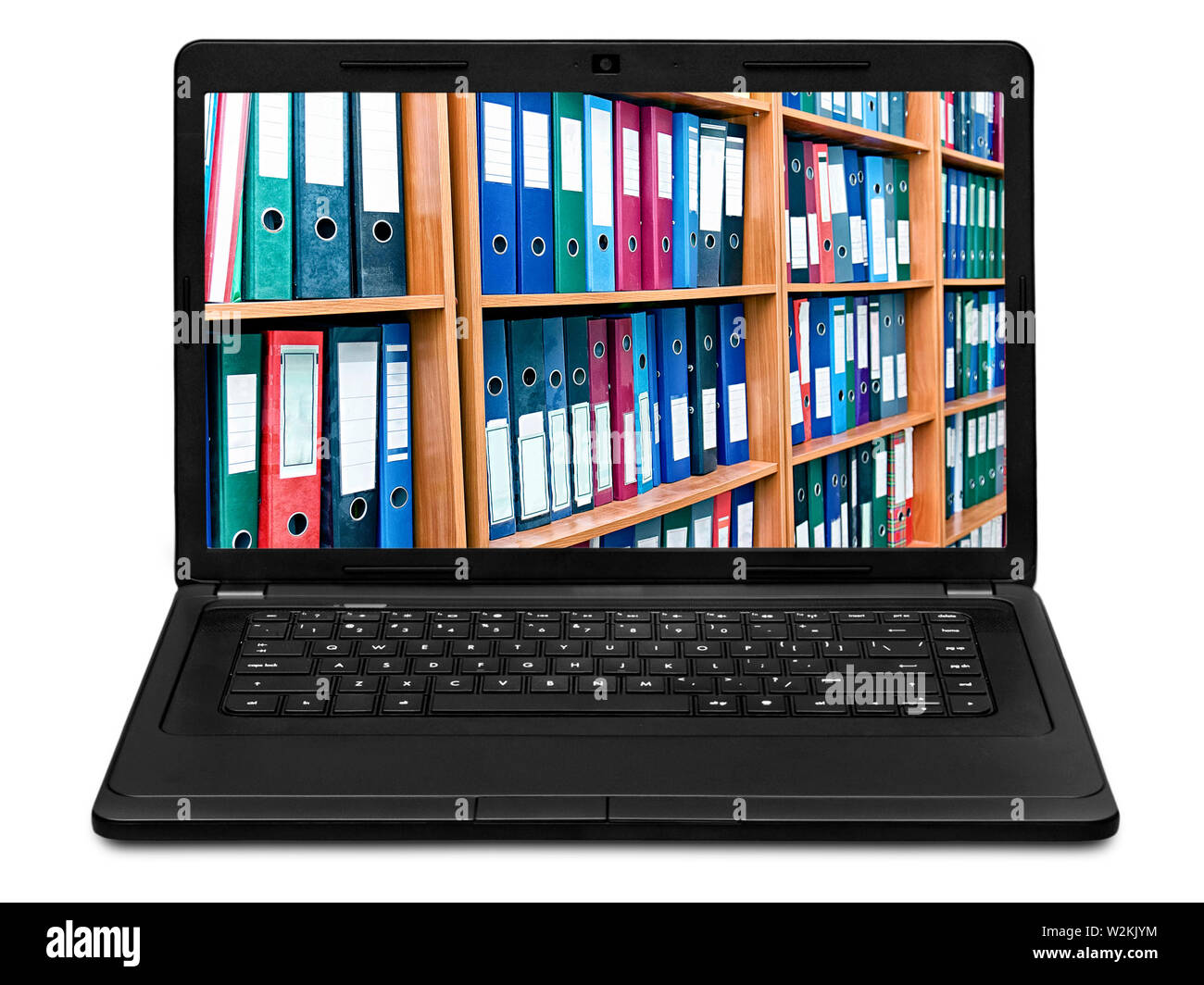 Laptop with folders on the screen isolated on white background, concept ...