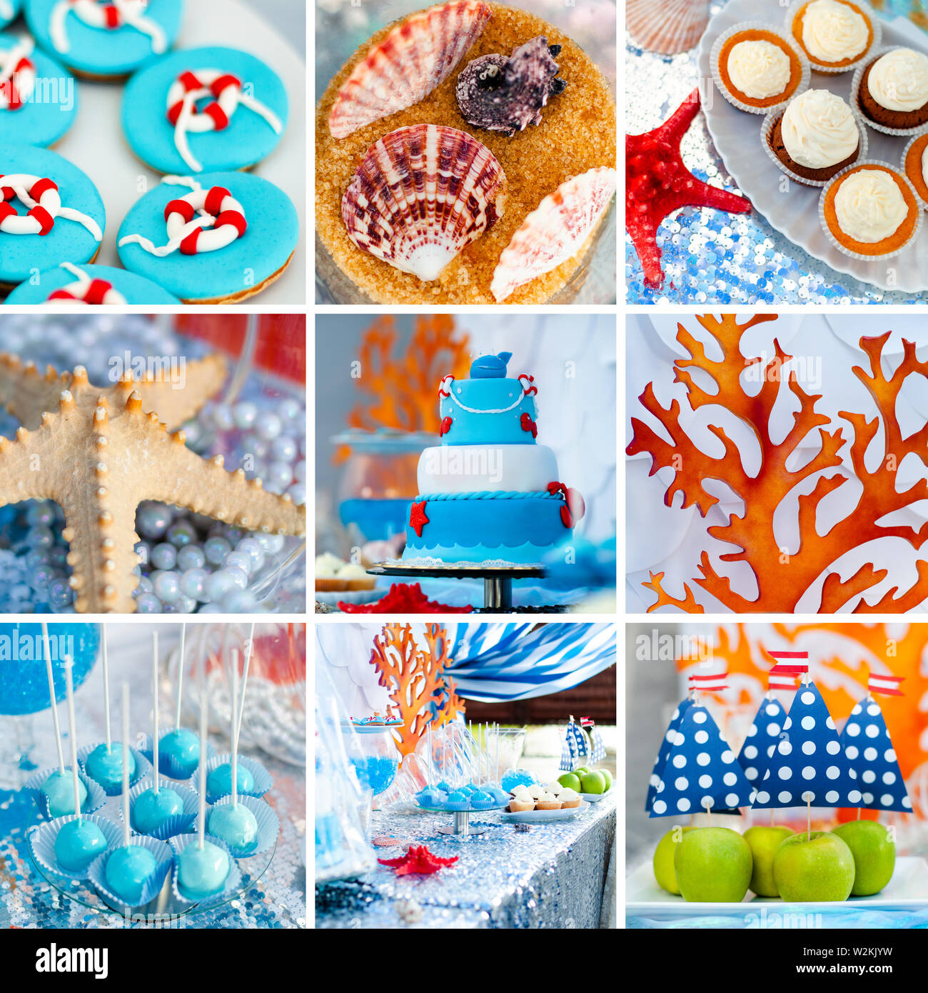 Sea and summer time theme for party or birthday. Collage of five ...