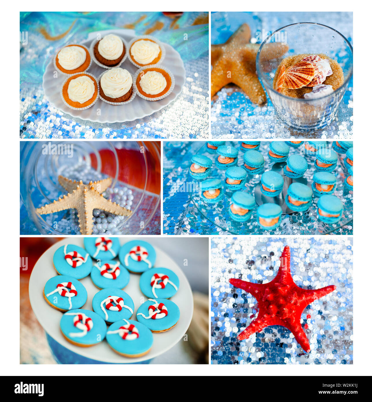 Sea and summer time theme for party or birthday. Collage of five ...