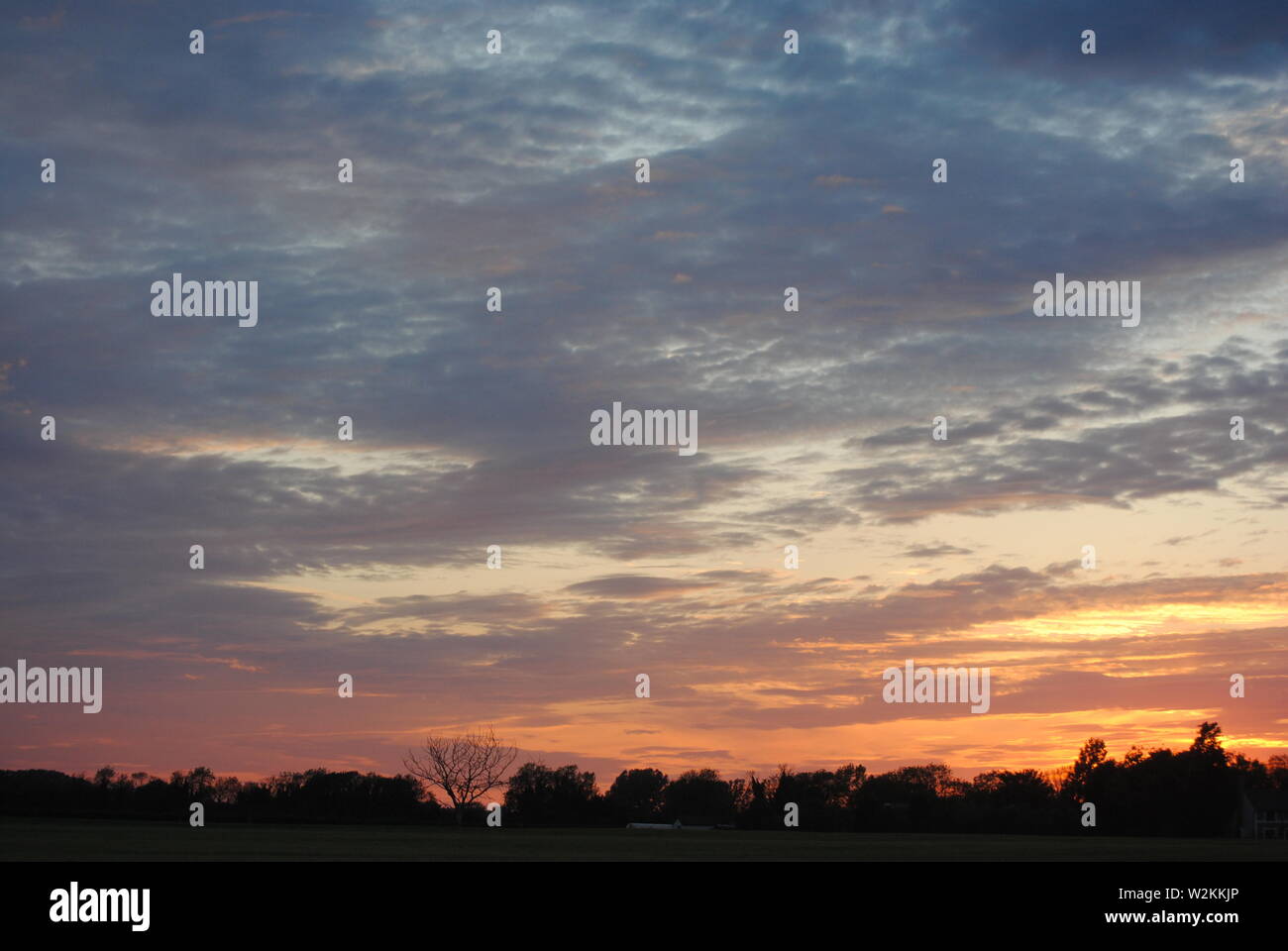 A colourful sunset with golden sky and dark blue, indigo clouds Stock ...