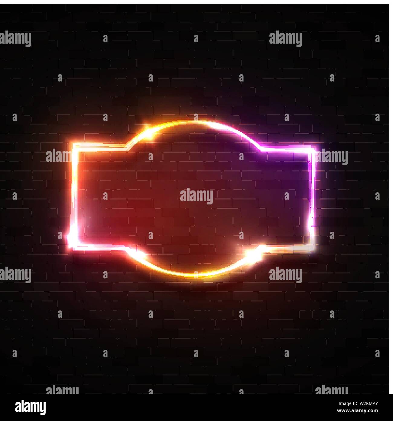 Colorful neon banner on black brick wall background. Glowing laser ...