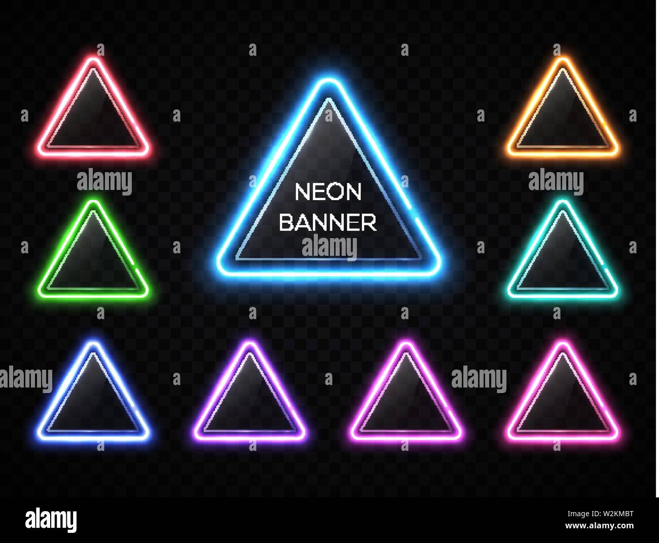 Neon abstract triangle set. Glowing led or halogen lamp line frame ...