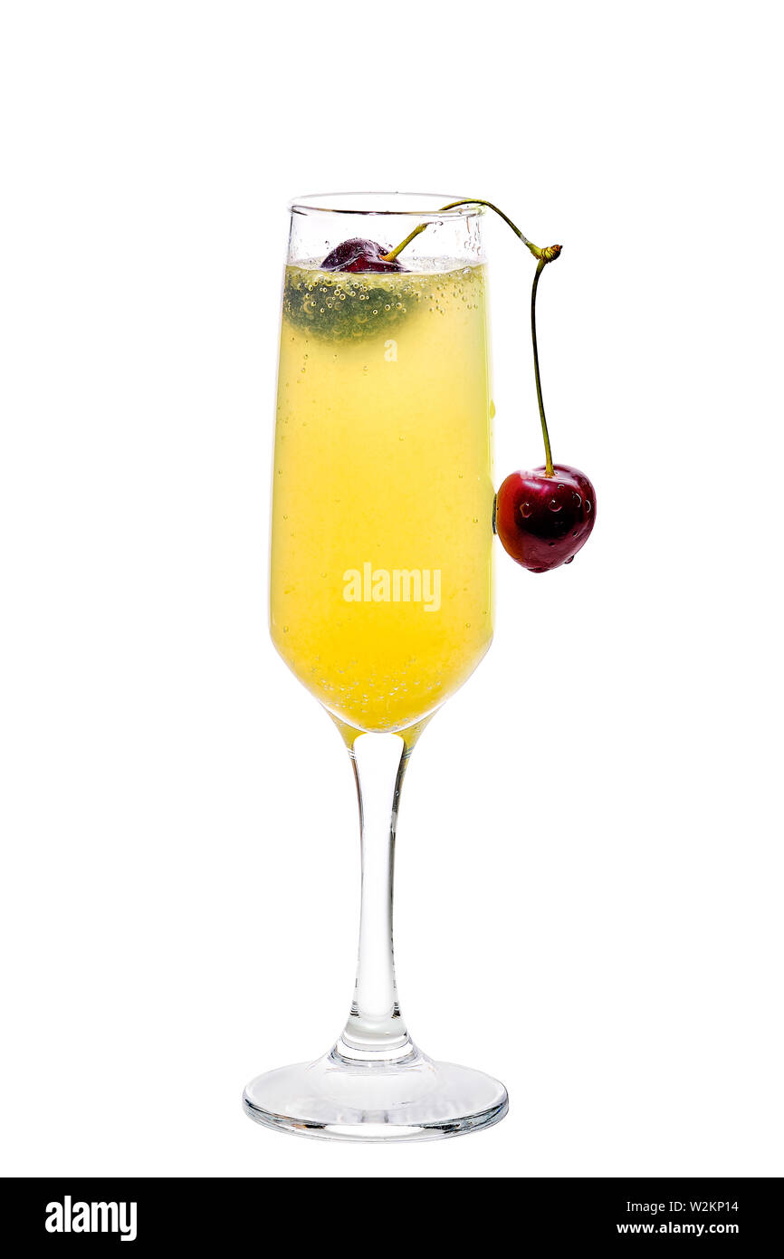 Mimosa cocktail decorated with cherry isolated on white background ...