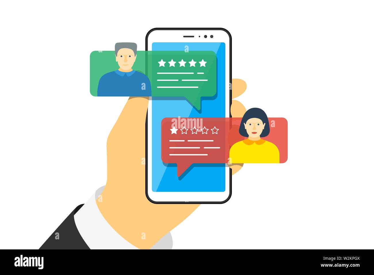 Hand holding smartphone with feedback app bubble speeches and avatars ...