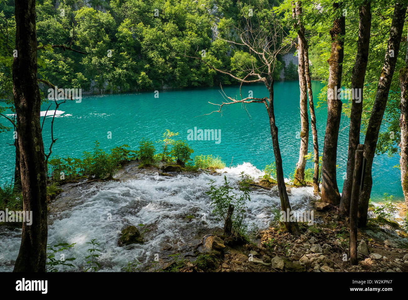 Rushing water cascades down the mountain slope into the crystal clear ...