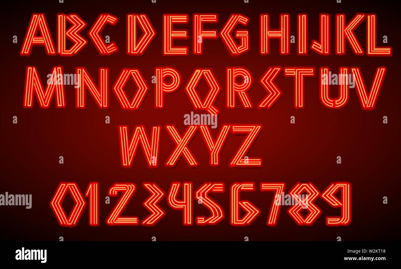 80 s red neon retro font. Futuristic script, chrome letters. Bright ...