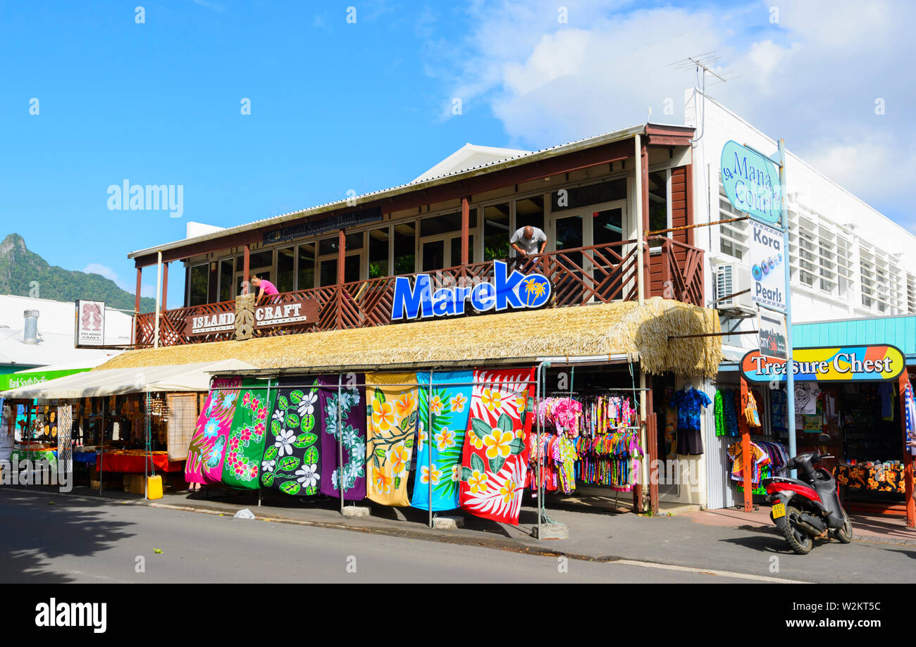 Shops selling colourful garments at Avarua, Rarotonga, Cook Islands ...