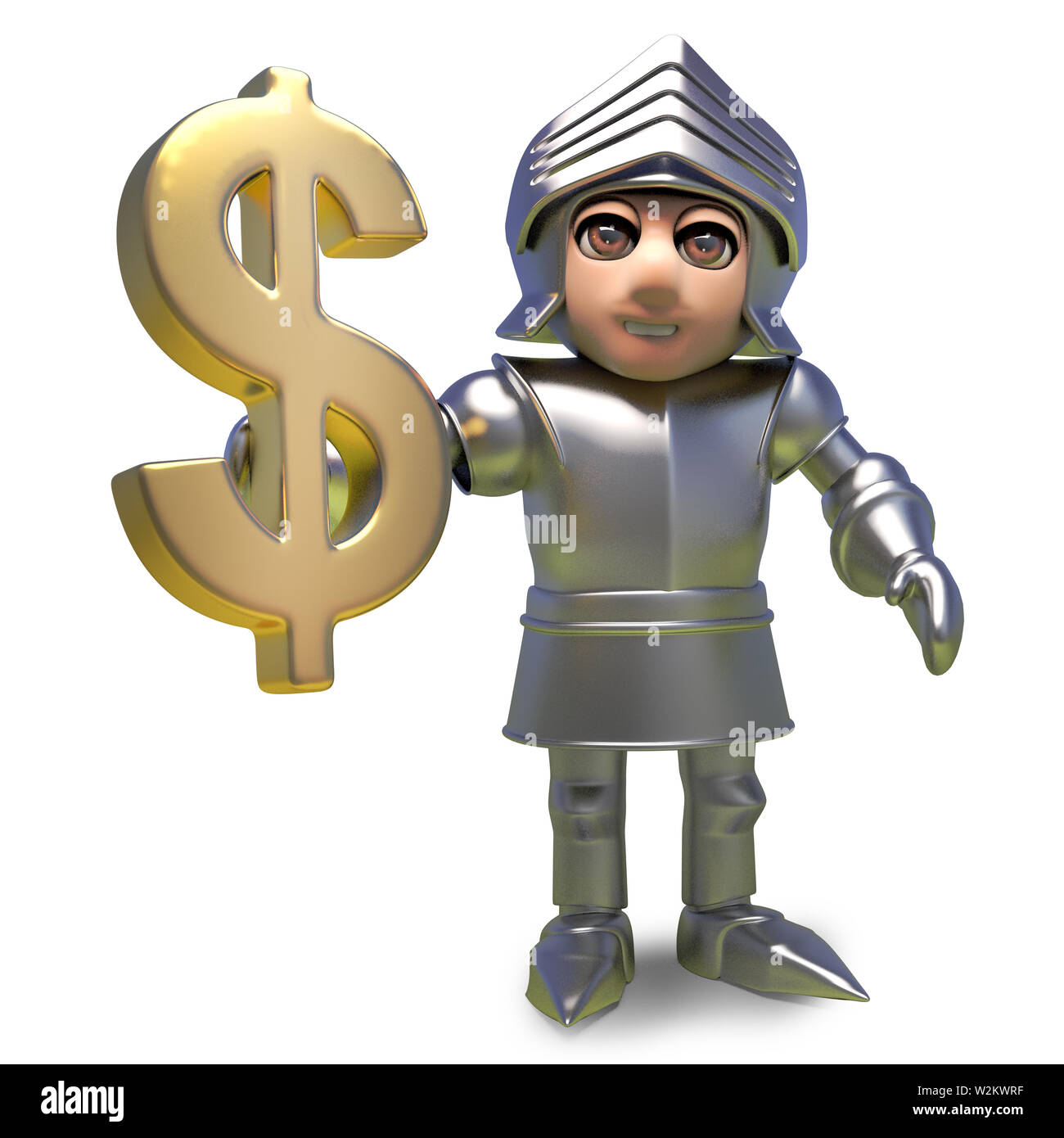 Heroic medieval knight in armour holds US Dollar currency symbol, 3d ...