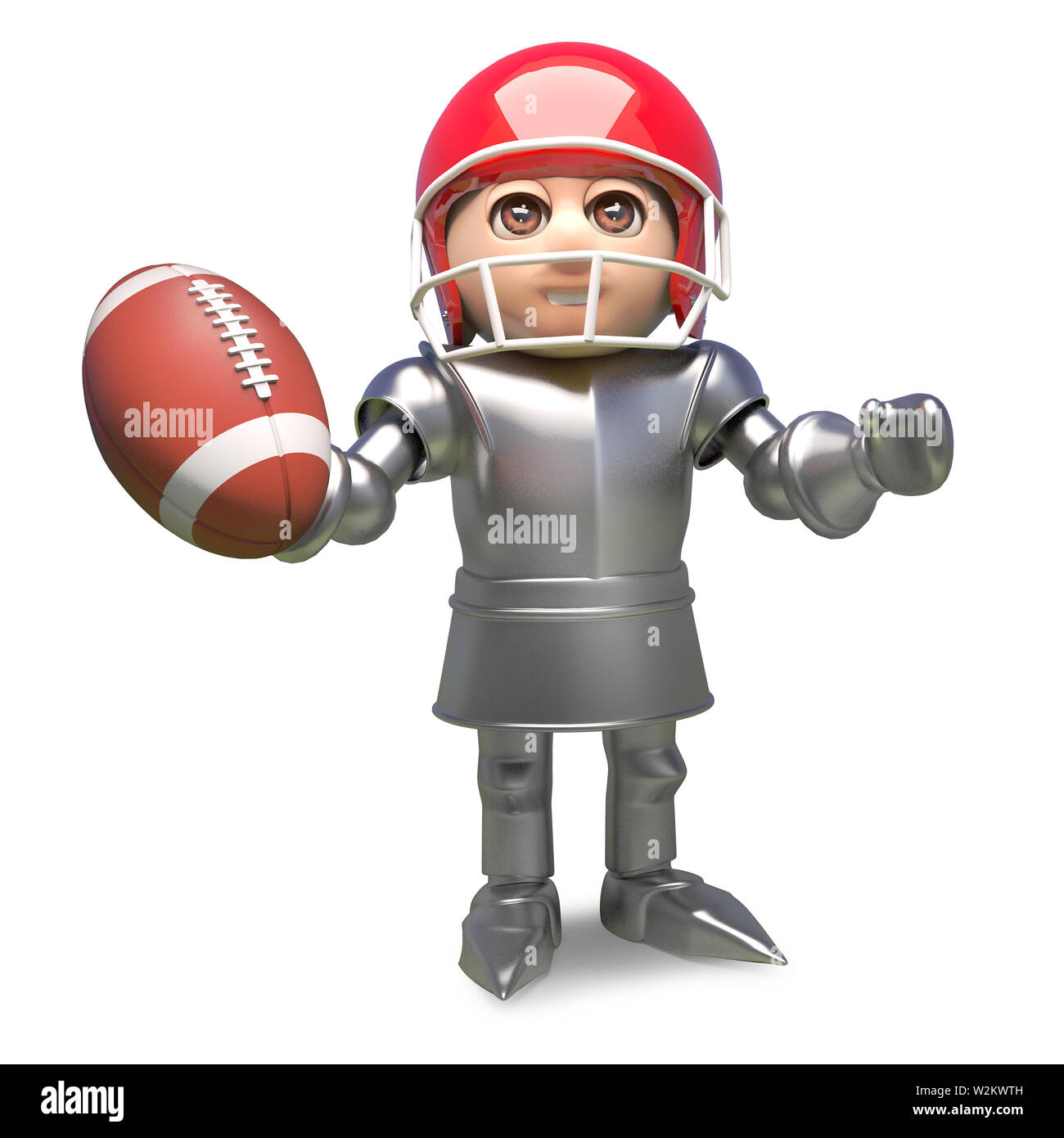 Medieval knight wearing American football helmet and holding ball, 3d ...